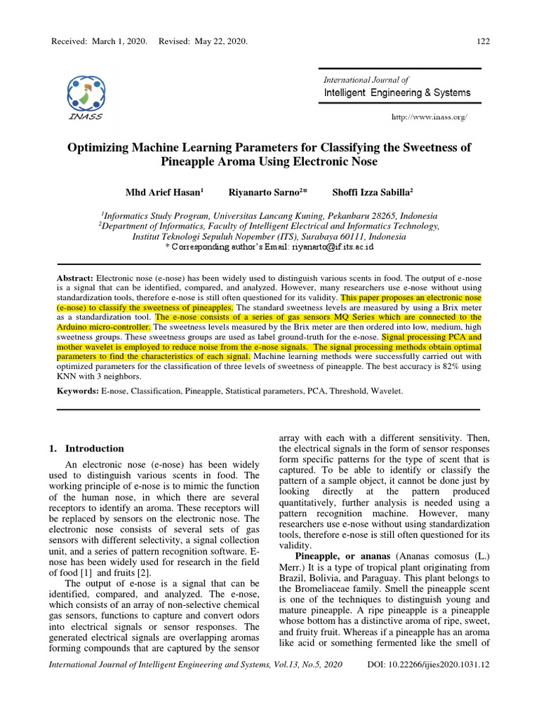 Optimizing Machine Learning Parameters for Classifying the Sweetness of Pineapple Aroma Using ...