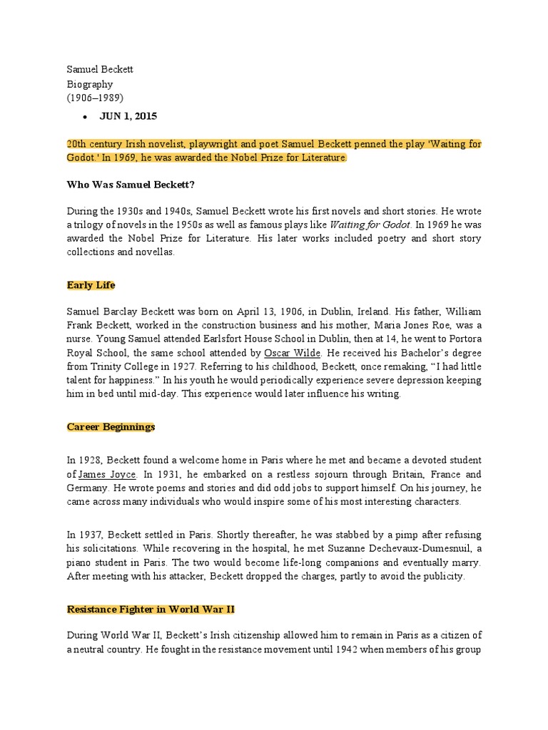 Samuel Beckett Biography | PDF | Samuel Beckett