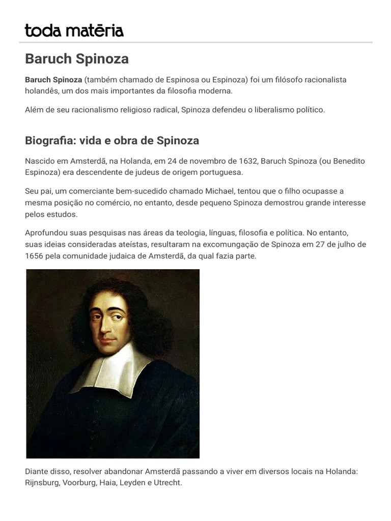 Biografia e Filosofia de Baruch Spinoza | PDF | Baruch Spinoza | Metafísica