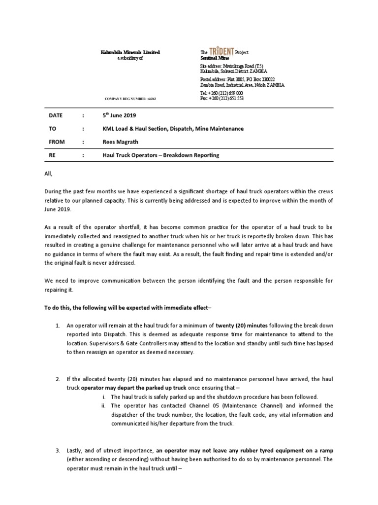 Memo - Haul Truck Breakdowns - 06.06.2019 | PDF | Transport