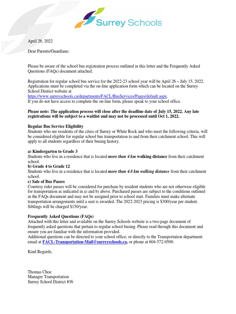 2022-2023 Bus Registration Information Letter | PDF