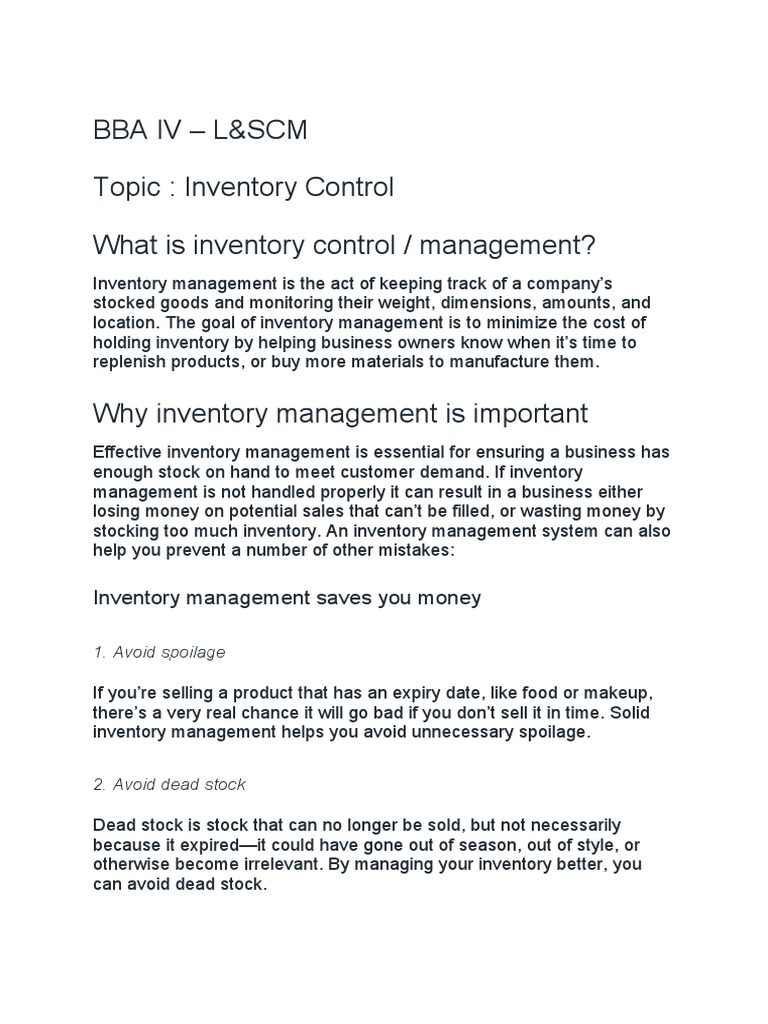 UNIT IV Inventory Control | PDF | Inventory | Warehouse