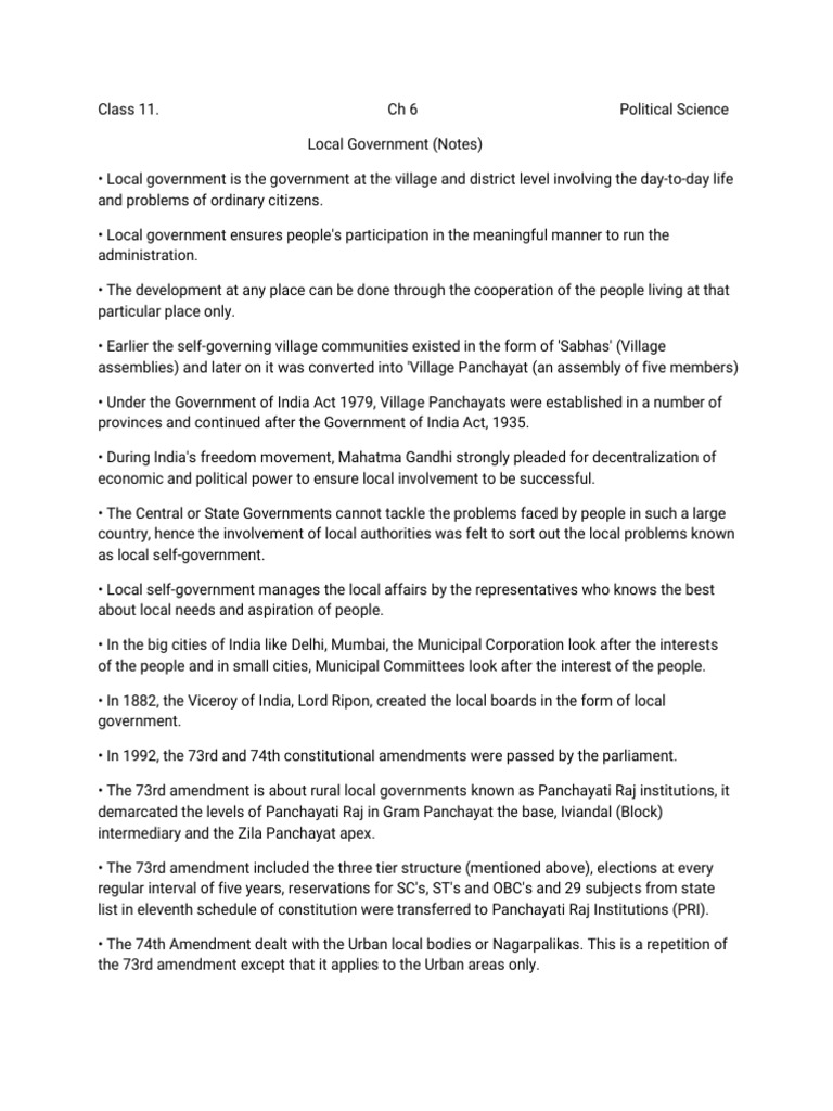 Local Government Overview for Class 11 | PDF | Government | Government ...
