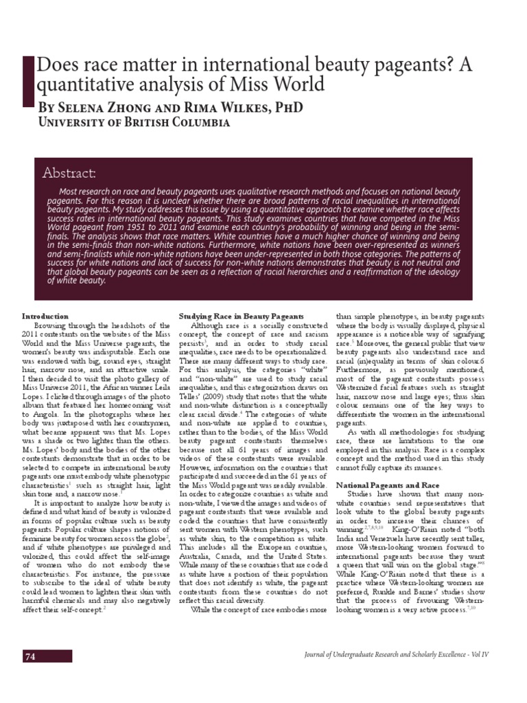 Does Race Matter in International Beauty Pageants? A Quantitative Analysis of Miss World ...