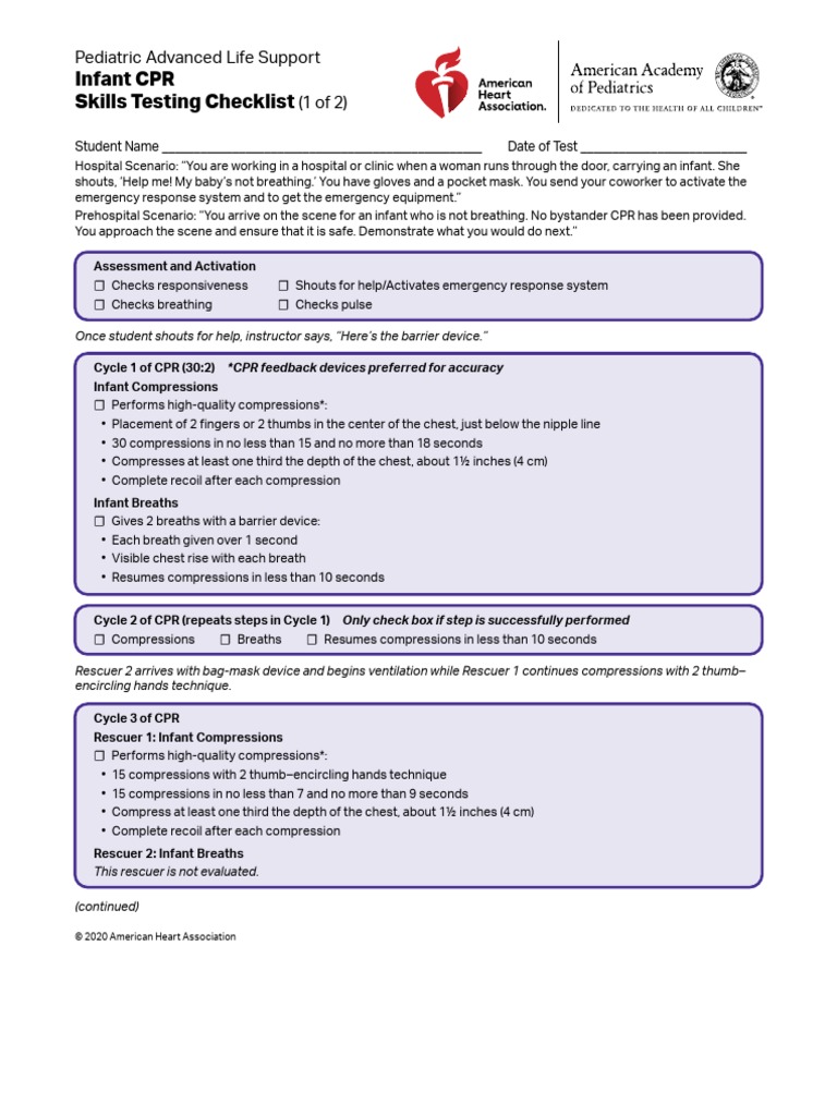 PALS Infant CPR Checklist | PDF | Cardiopulmonary Resuscitation ...