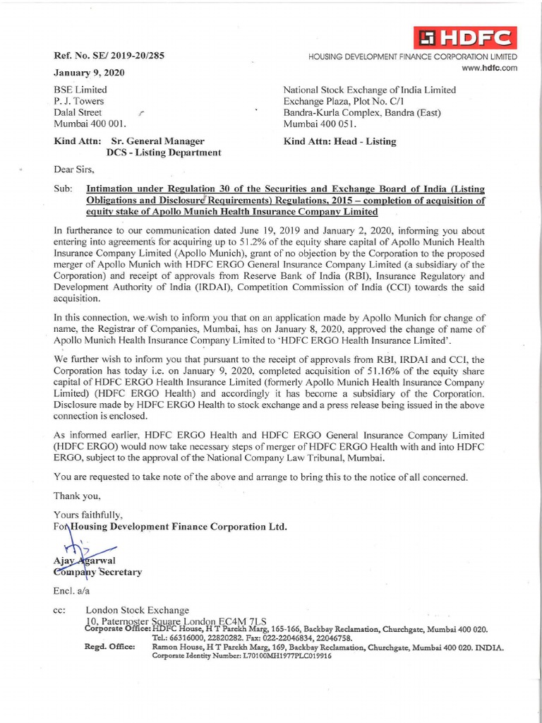 SE Intimation Reg 30 09012020 Ref285 | PDF | Insurance | Hospital