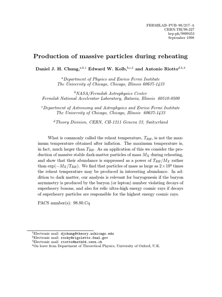Production of Massive Particles During Reheating | PDF | Inflation ...