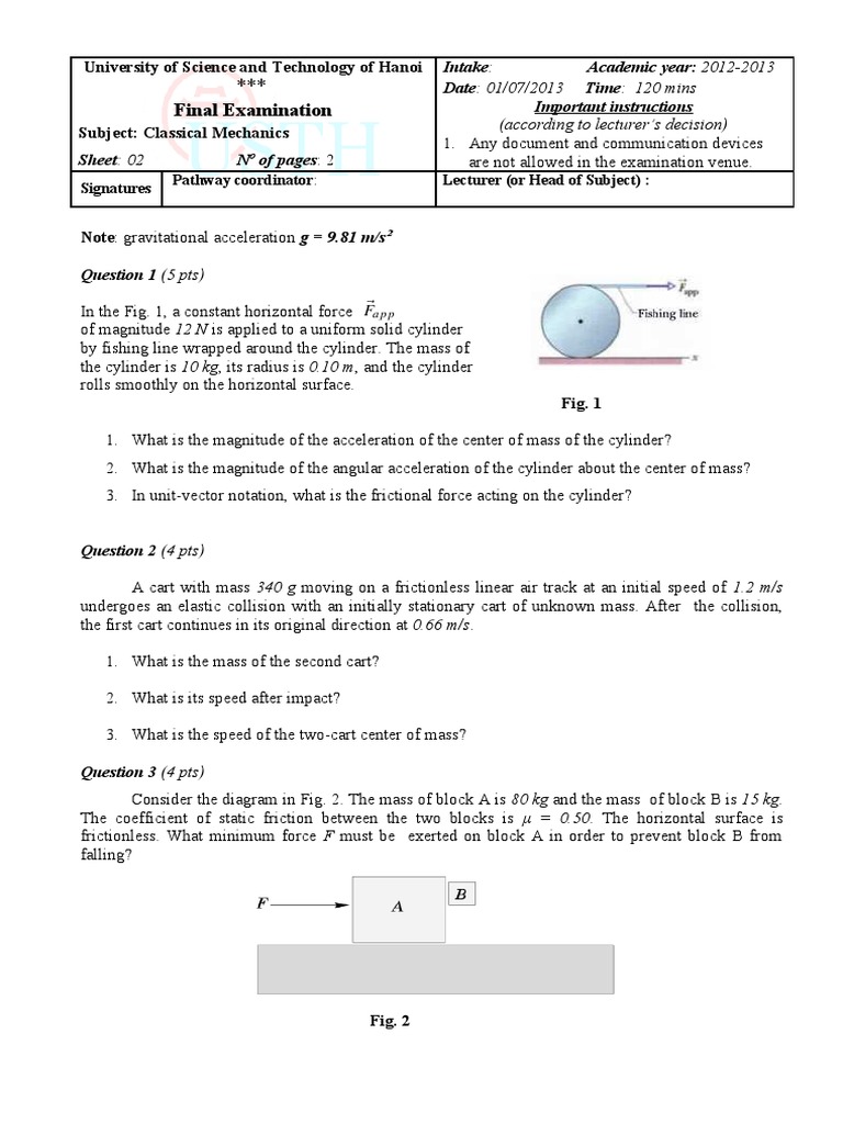 USTH Final Exam Classical Mechanics 02 | PDF | Orbit | Rotation Around A Fixed Axis