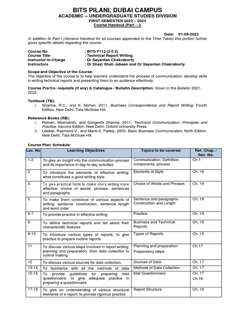 BITS F112 Handout Technical Report Writing | PDF | Data | Cognition
