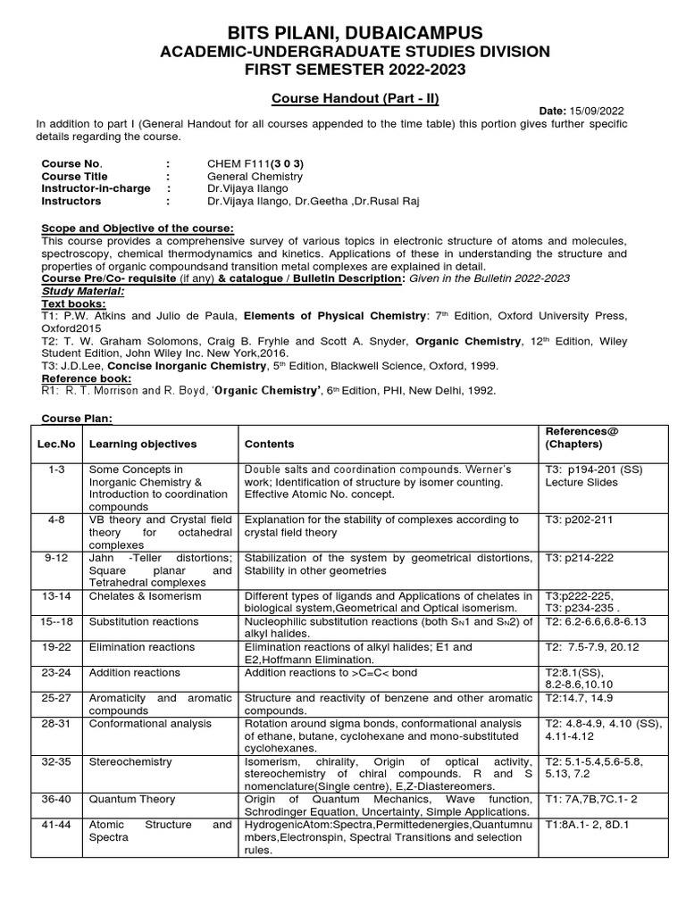 CHEM F111 - General Chemistry - I Sem 2022-2023 HO | Download Free PDF ...