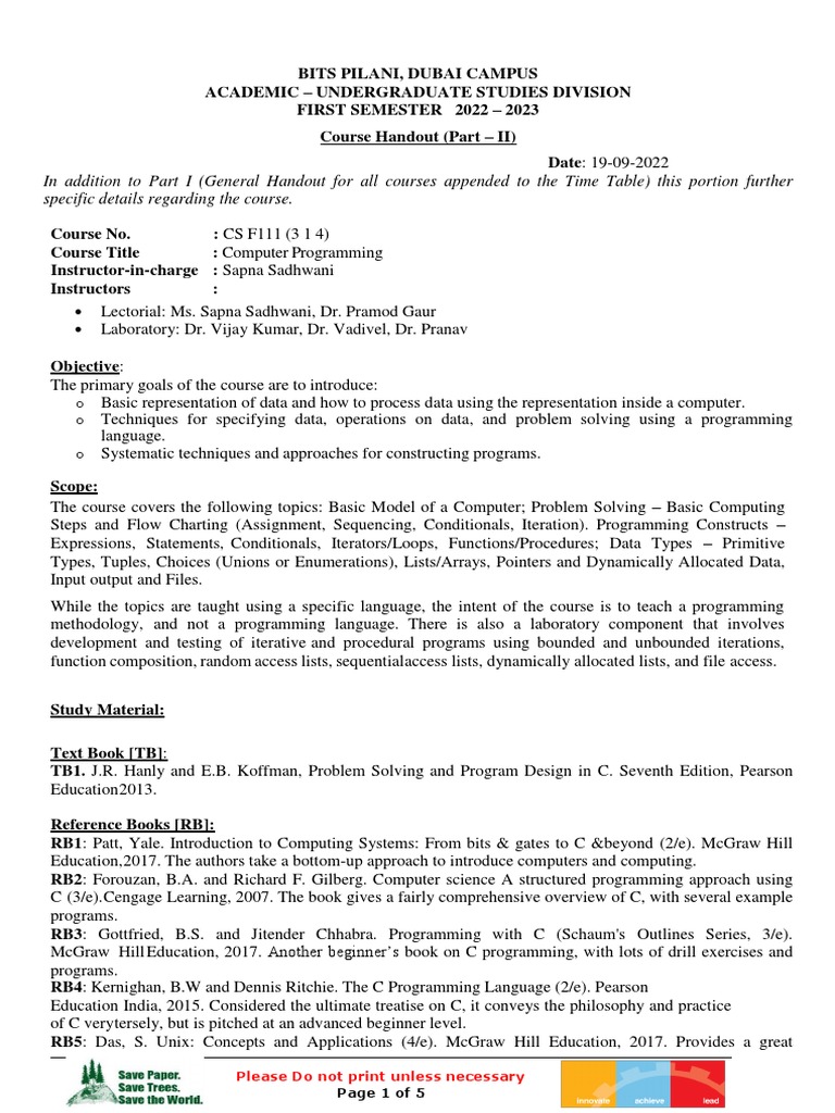 Cs F111 Computer Programming I Sem 2022 2023 Ho Pdf Pointer Computer Programming 