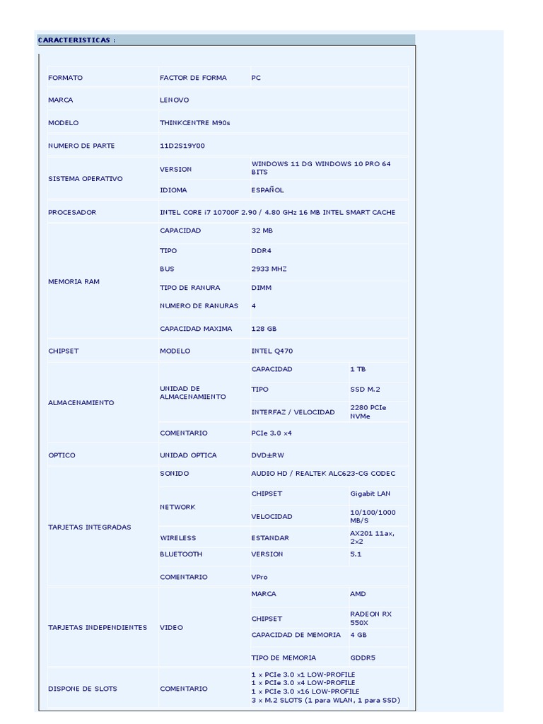 Especificaciones Lenovo ThinkCentre M90s | PDF | Unidad de estado sólido | Electrónica