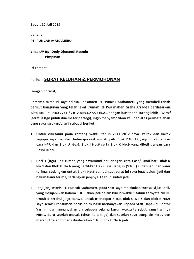 Surat Komplain Developer2 | PDF