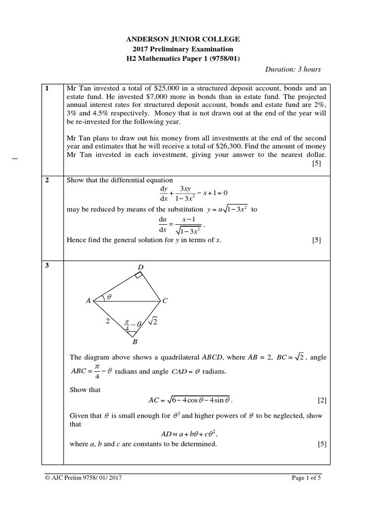 Jc2 Maths H2 2017 Anderson Pdf Cartesian Coordinate System Zero Of A Function