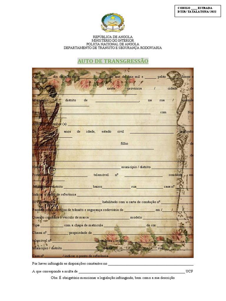 Auto de transgressão rodoviária que descreve uma infração de trânsito e ...