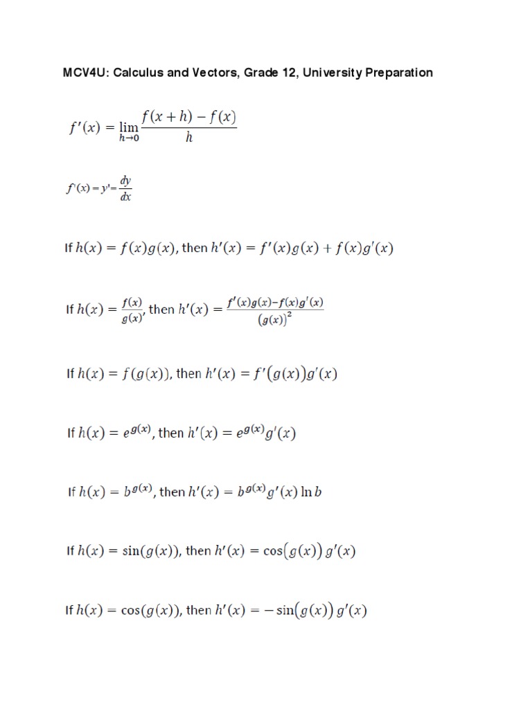 MCV4U - Formula Sheet | PDF