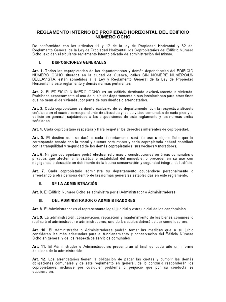 Reglamento Interno de Propiedad Horizontal Del Edificio Numero Ocho | PDF | Condominio | Justicia