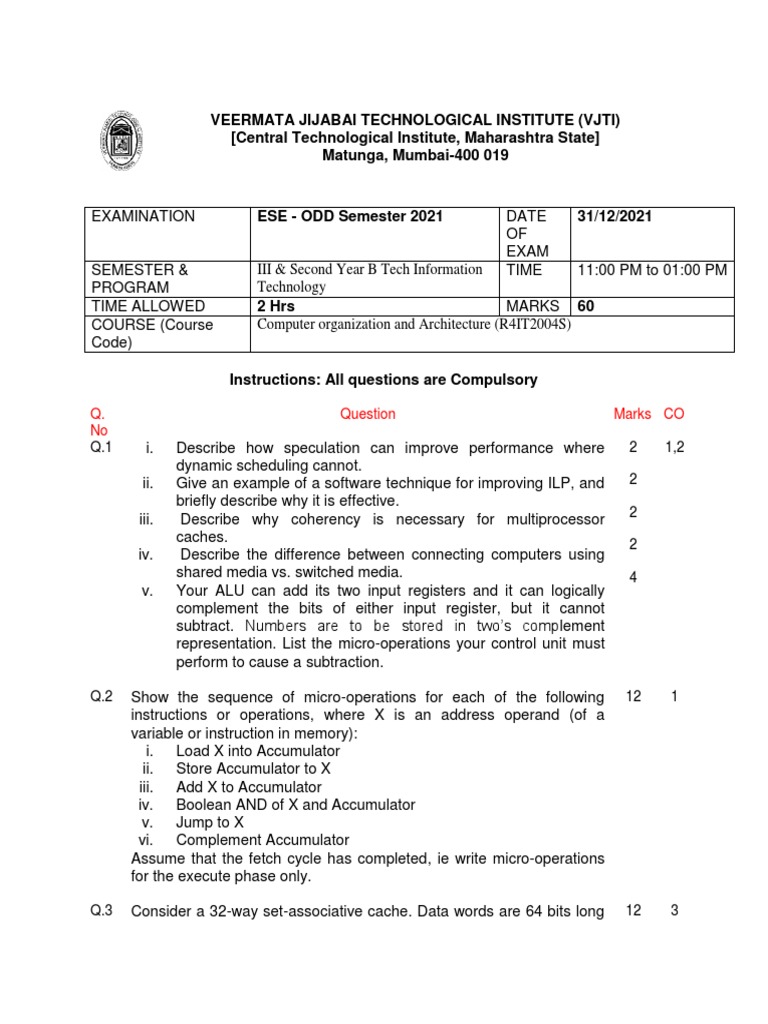VJTI B.Tech IT Exam Paper 2021 | PDF | Cpu Cache | Computing