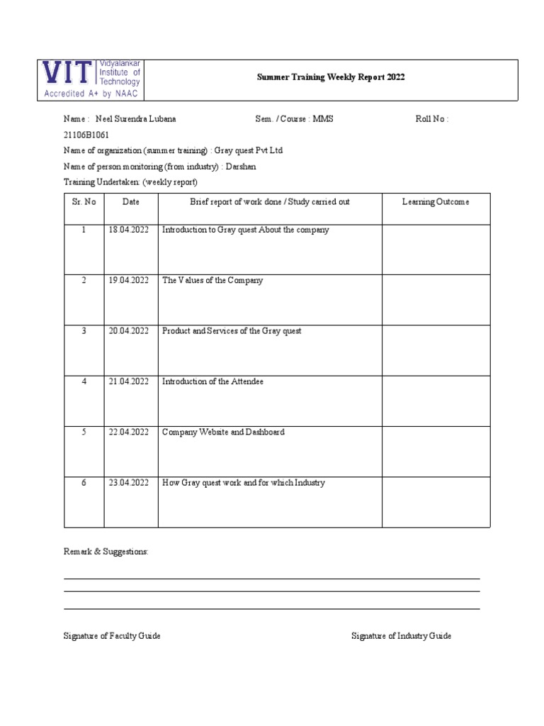 Summer Internship Weekly Report | PDF