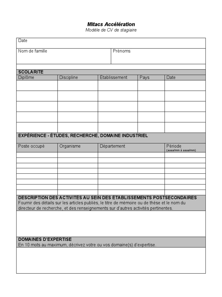 Mitacs Acceleration Modele CV de Stagiaire 2018 | PDF