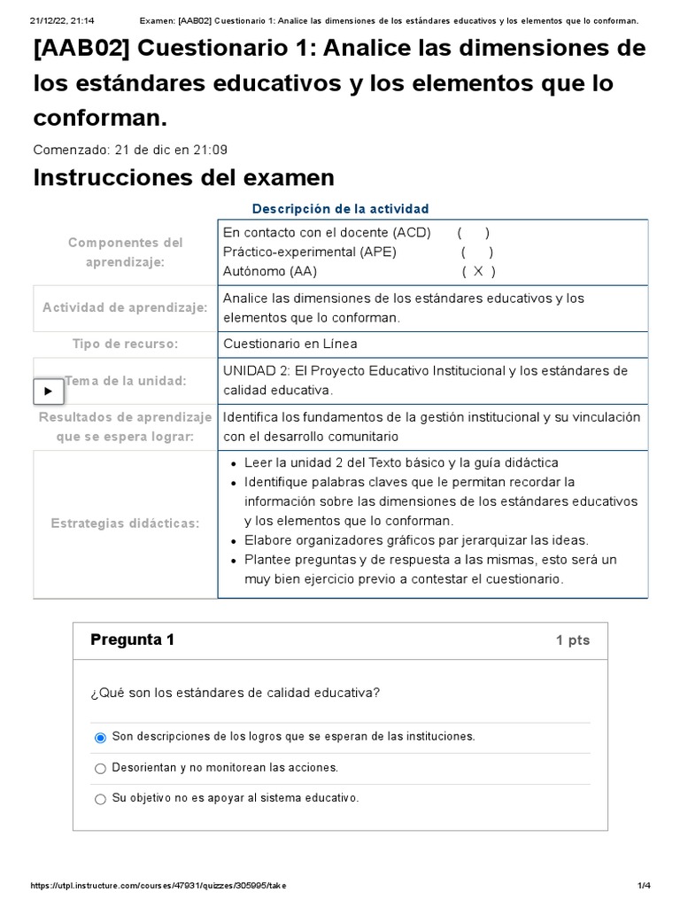 Examen - (AAB02) Cuestionario 1 - Analice Las Dimensiones de Los Estándares Educativos y Los ...