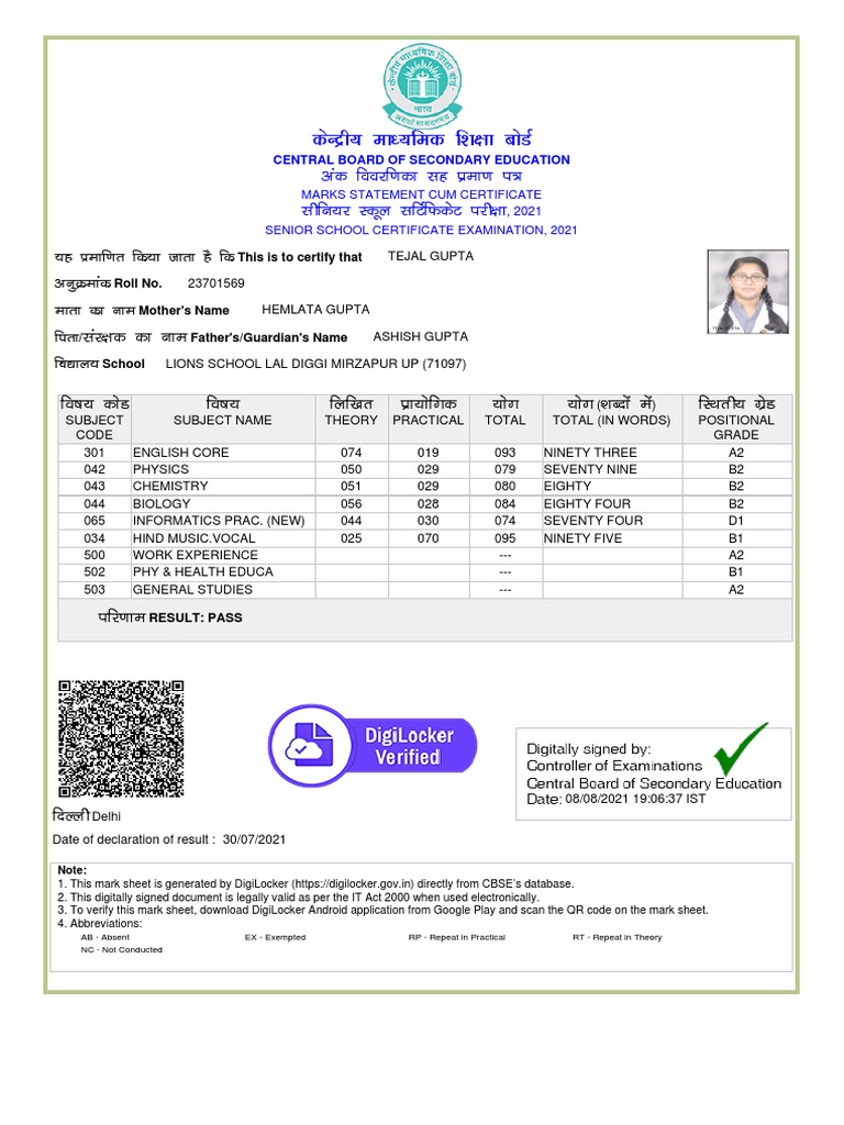 CBSE Senior School Certificate 2021 | PDF