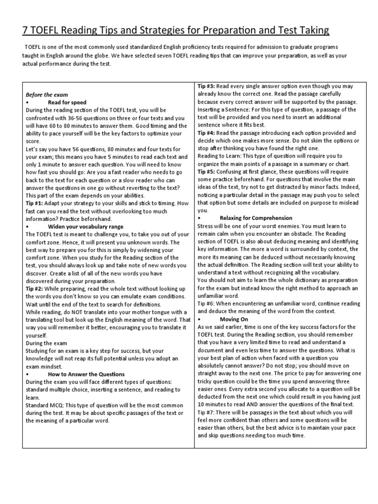 7 TOEFL Reading Tips and Strategies For Preparation and Test Taking ...