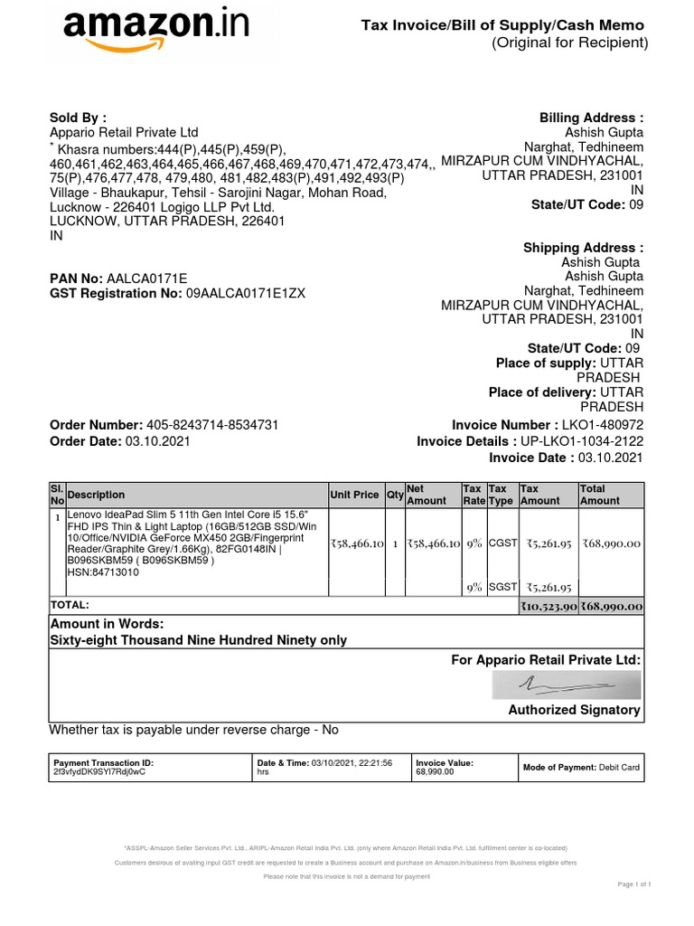 Tax Invoice for the Sale of a Lenovo Laptop from Appario Retail Private ...