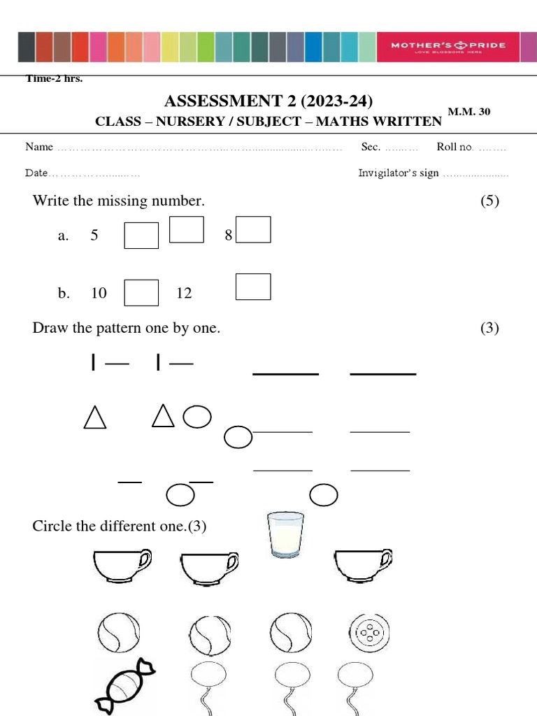 Nursery Maths Exam Paper 2023-24 | PDF