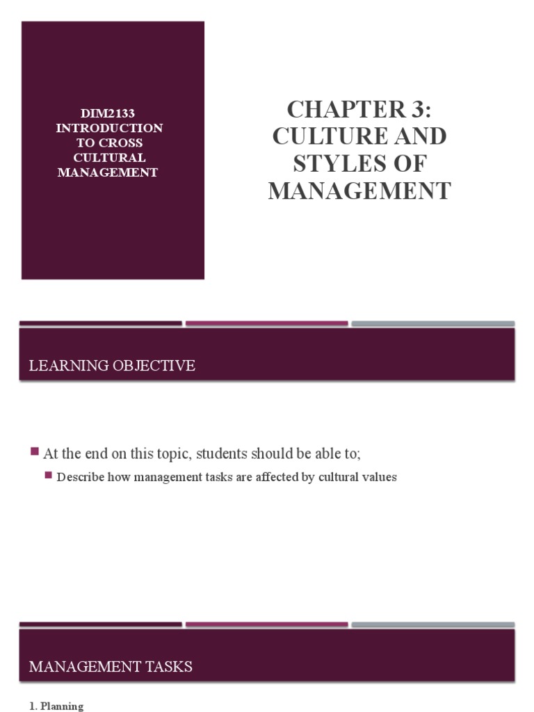 Topic 3 - Culture and Style of Management | PDF | Leadership | Goal