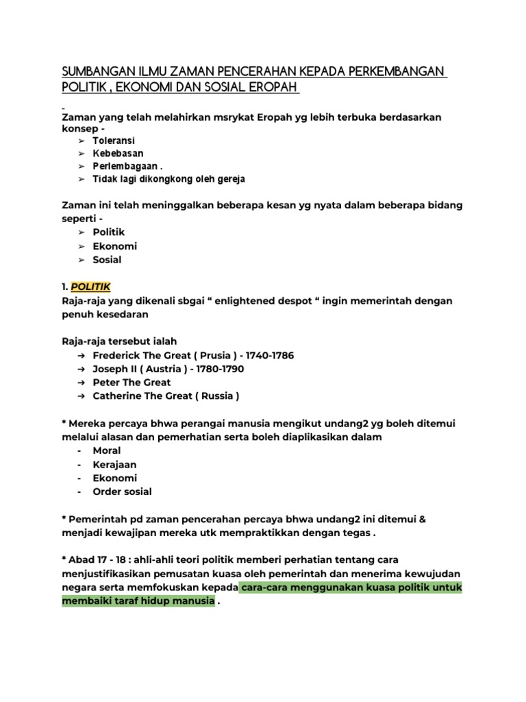 Sumbangan Ilmu Zaman Pencerahan Kepada Perkembangan Politik, Ekonomi Dan Sosial Eropah | PDF