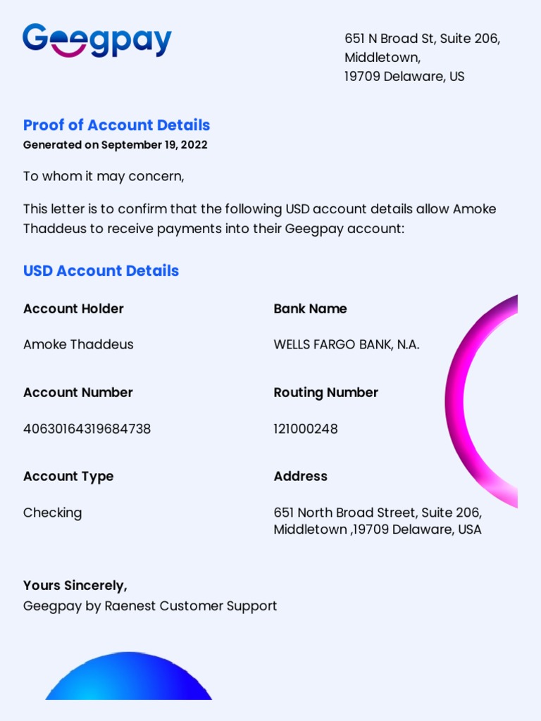 Proof of Account Details: Account Holder Bank Name | PDF