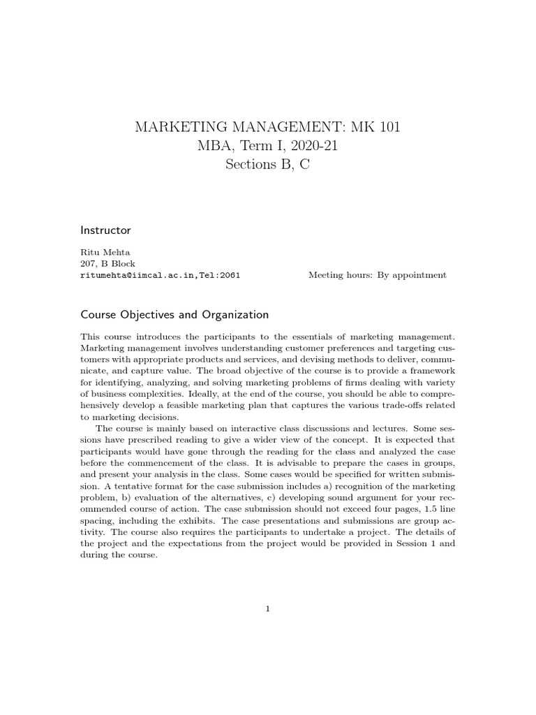 Marketing Management-I Term-I Section-B C Prof. Ritu Mehta Course ...