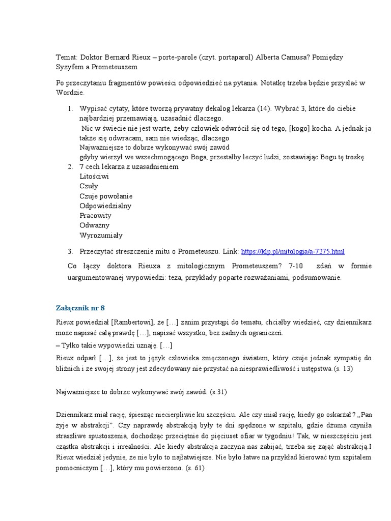 Karta Pracy Bernard Rieux 2022 | PDF