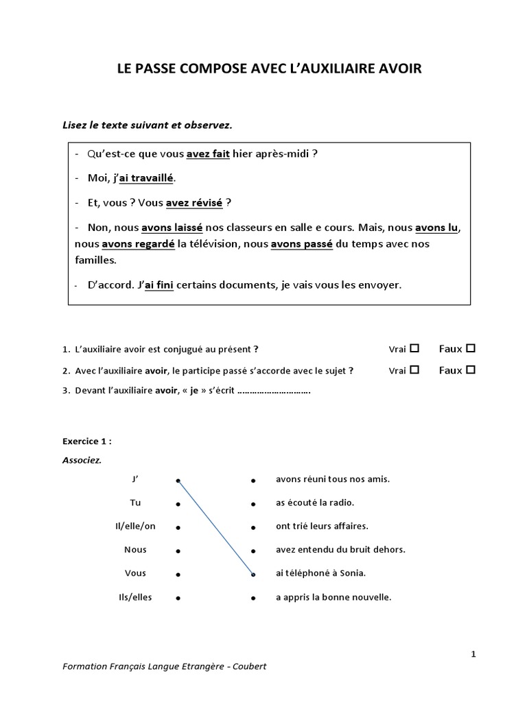 Passé Composé avec "Avoir" : Exercices et Règles | PDF | Études des ...