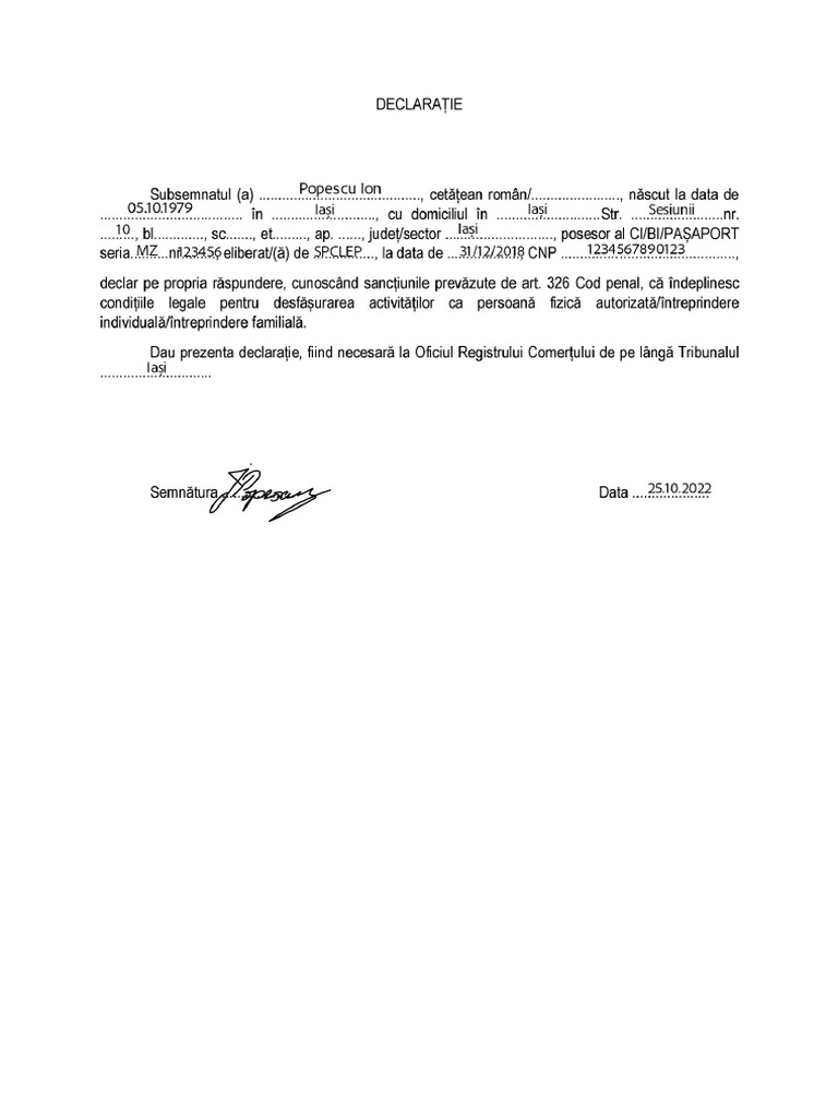Model Declaratie PFA | PDF