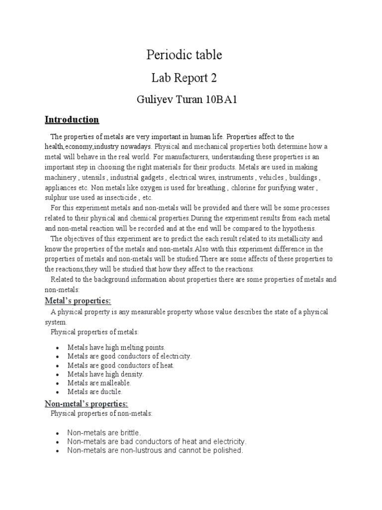 Lab Report 2 | PDF | Metals | Periodic Table