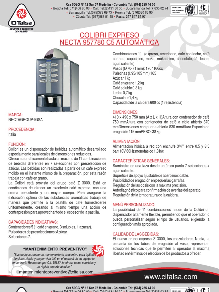Colibri Expreso Necta 957780 c5 Automatic A 06301003 | PDF | Bebidas ...