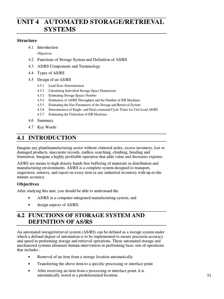 Unit 6 - Automated Storage and Retrieval Systems | PDF