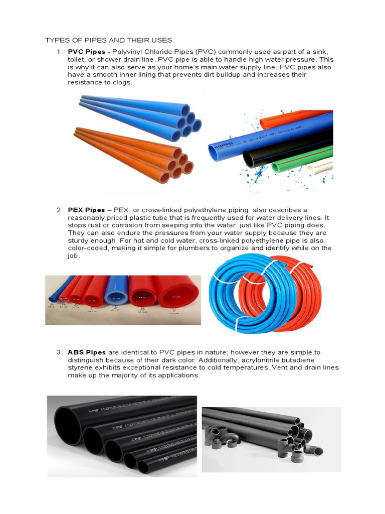 Types of Pipes and Their Uses | PDF | Plumbing | Pipe (Fluid Conveyance)
