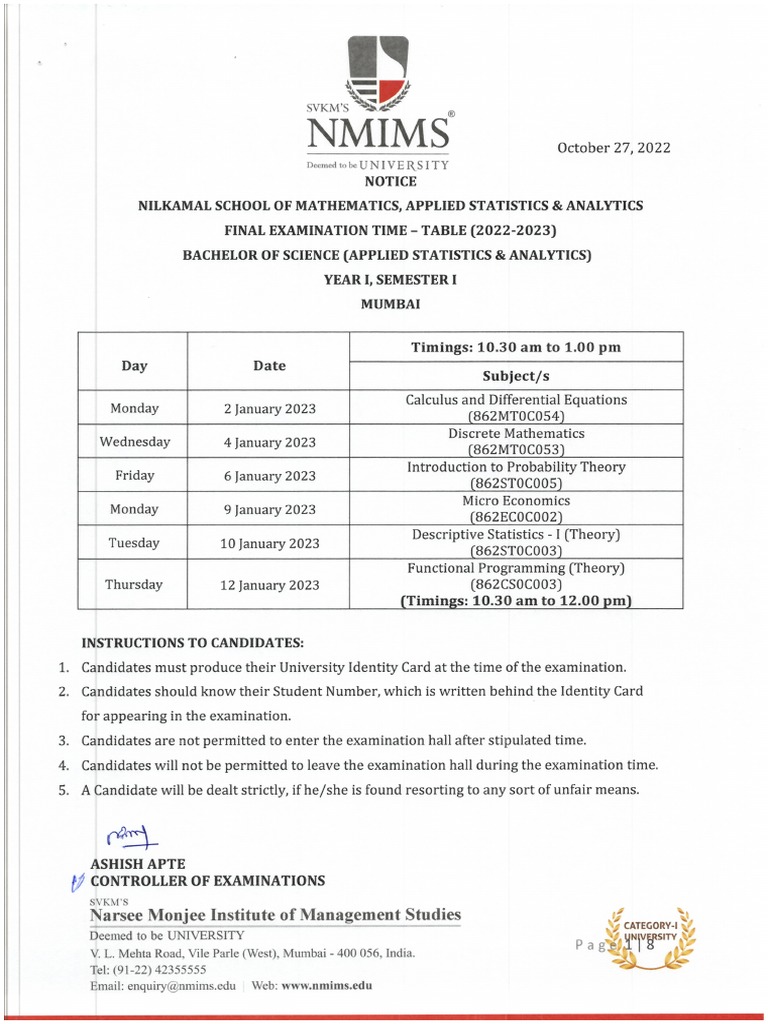 Nilkamal Somasa Odd Sem Final Exam Time Table 2022-23 | PDF