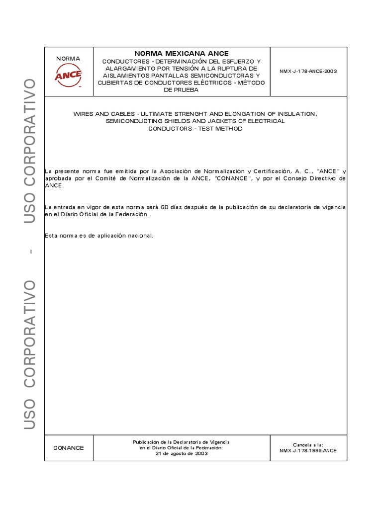 Nmx-J-178-Ance Conductores Determinacion Del Esfuerzo y Alargamiento ...