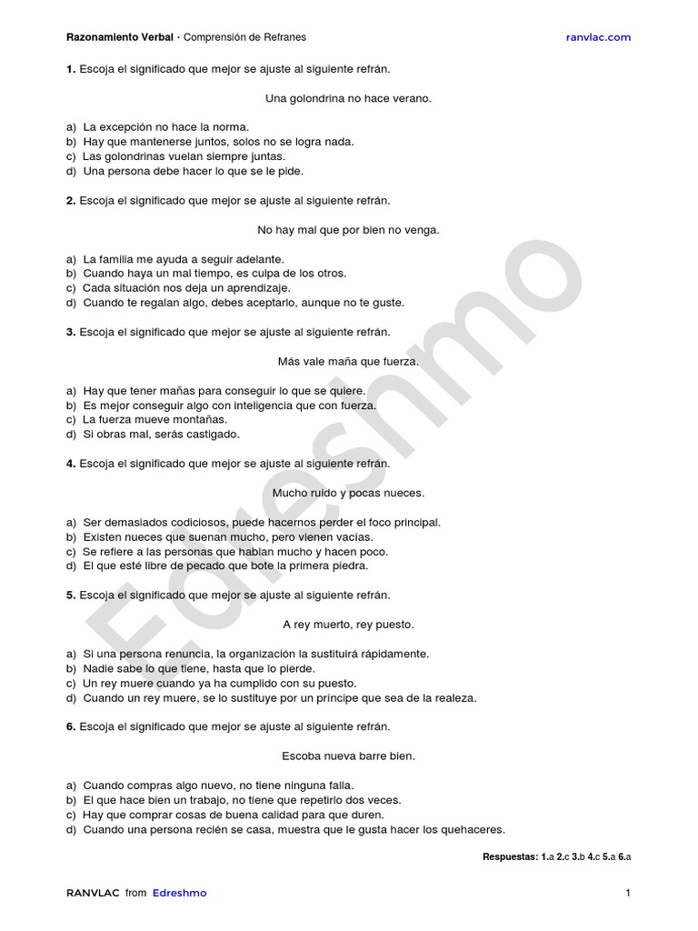 Comprensión de Refranes y Ejercicios | PDF