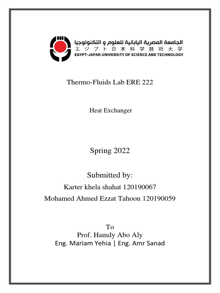 Analysis of Heat Exchanger Performance and Applications in Thermo-Fluids Lab ERE 222 | PDF ...