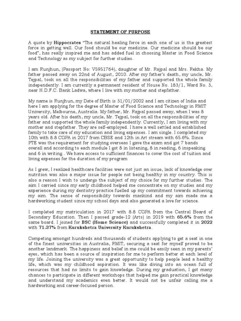 Runjhun SOP For Master of Food Science and Technology at RMIT | PDF ...