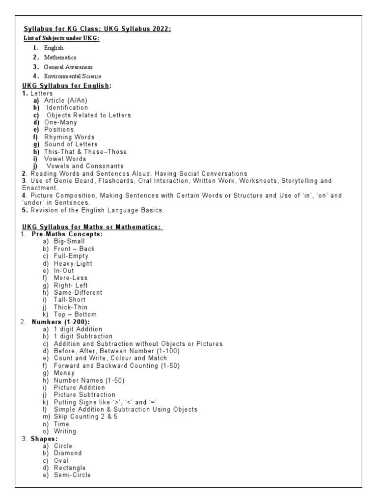 UKG Syllabus For CBSE | PDF | Rainbow | English Language