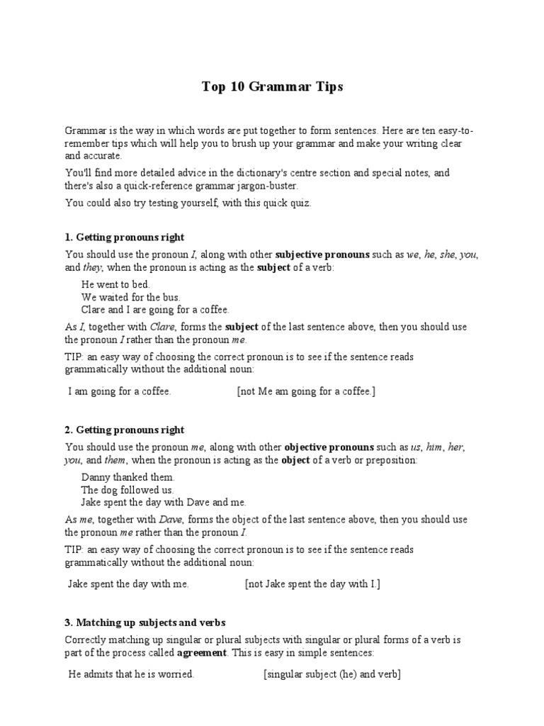 Top 10 Grammar Tips | PDF | Pronoun | Subject (Grammar)