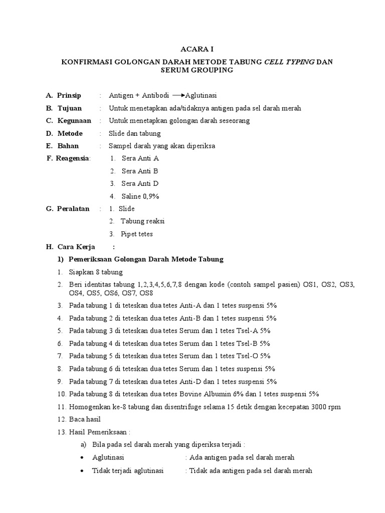 Acara I - Konfirmasi Golongan Darah Metode Tabung Cell Typing Dan Serum Grouping | PDF