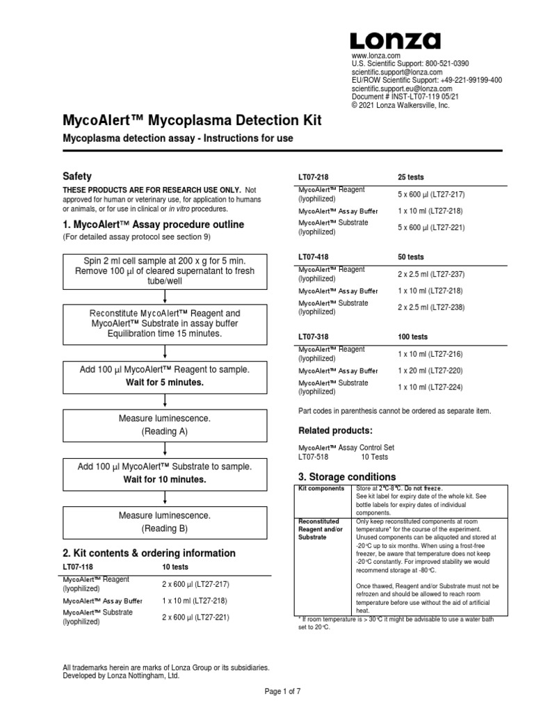 Mycoalert™ Mycoplasma Detection Kit | PDF | Mycoplasma | Assay