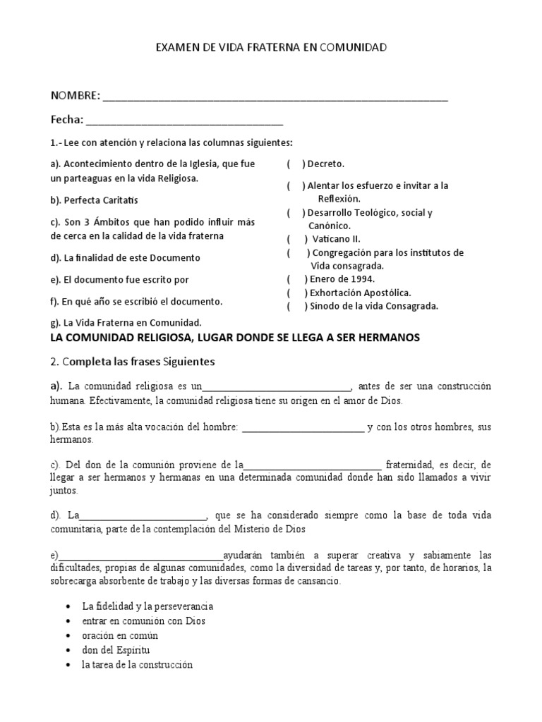 Examen sobre Vida Fraterna en Comunidad | PDF | Amor | eucaristía